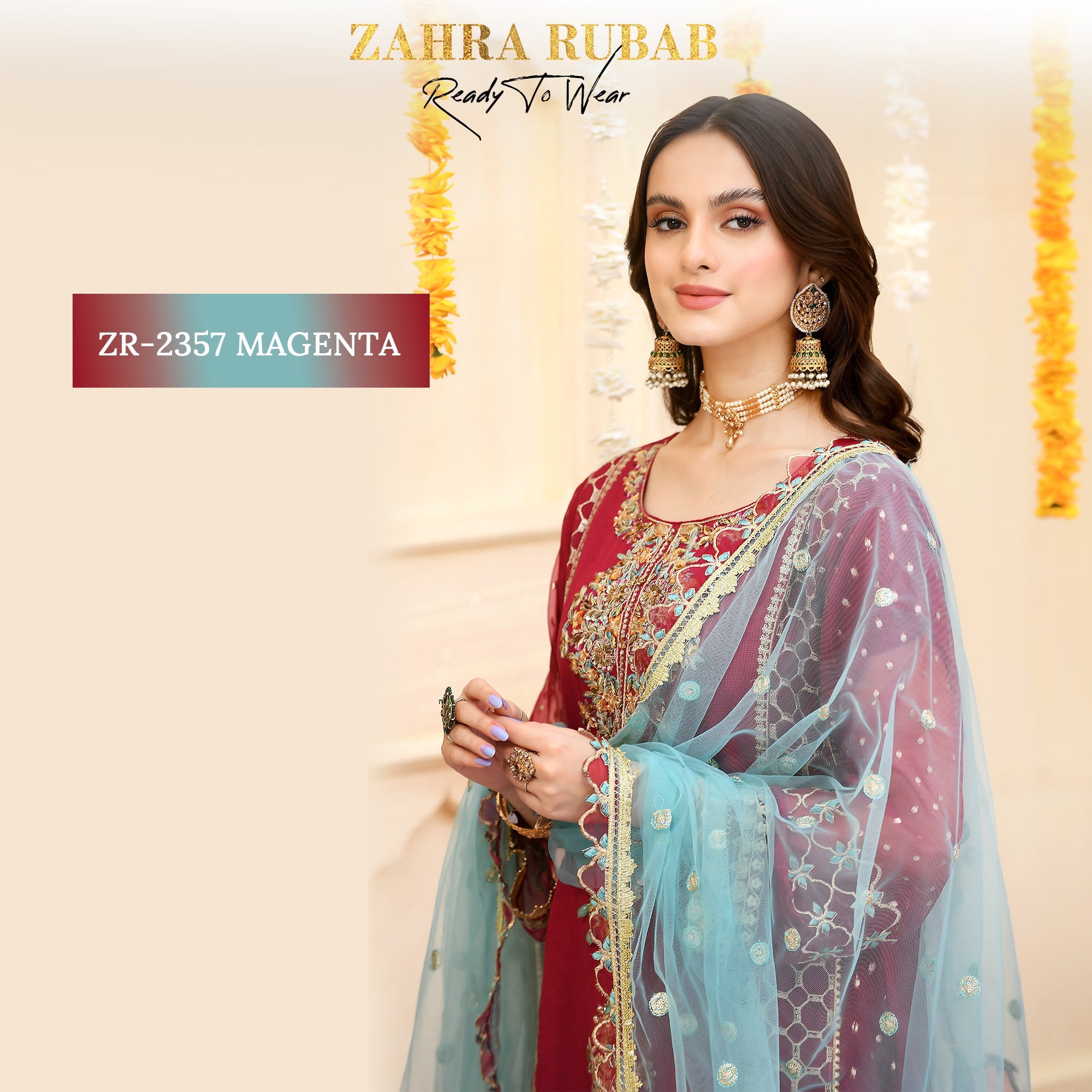 ZR-2357 Magenta & Aqua Dress – Zahra Rubab